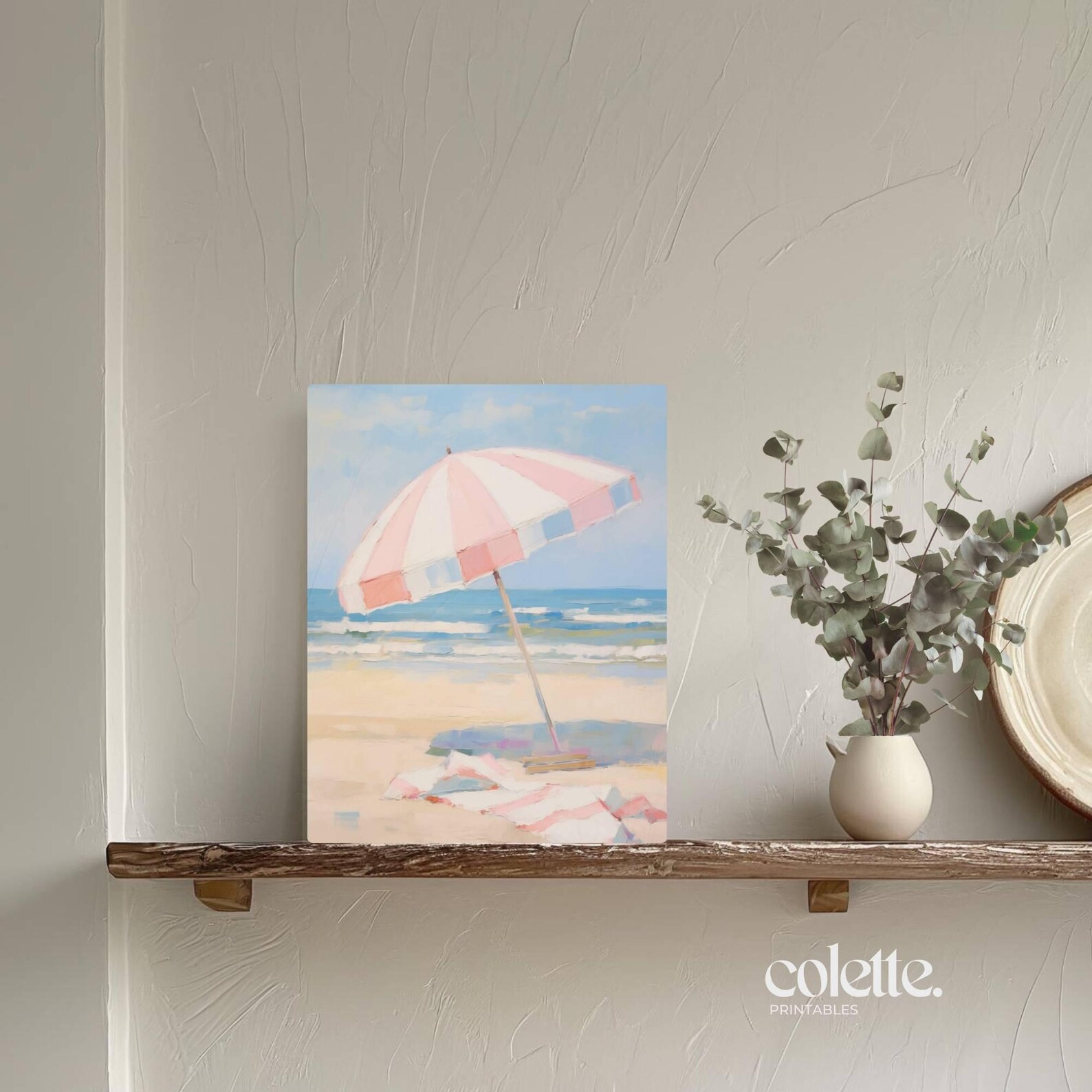 Beach With Umbrella Painting Printable Coastal Beach Poster Pink ...