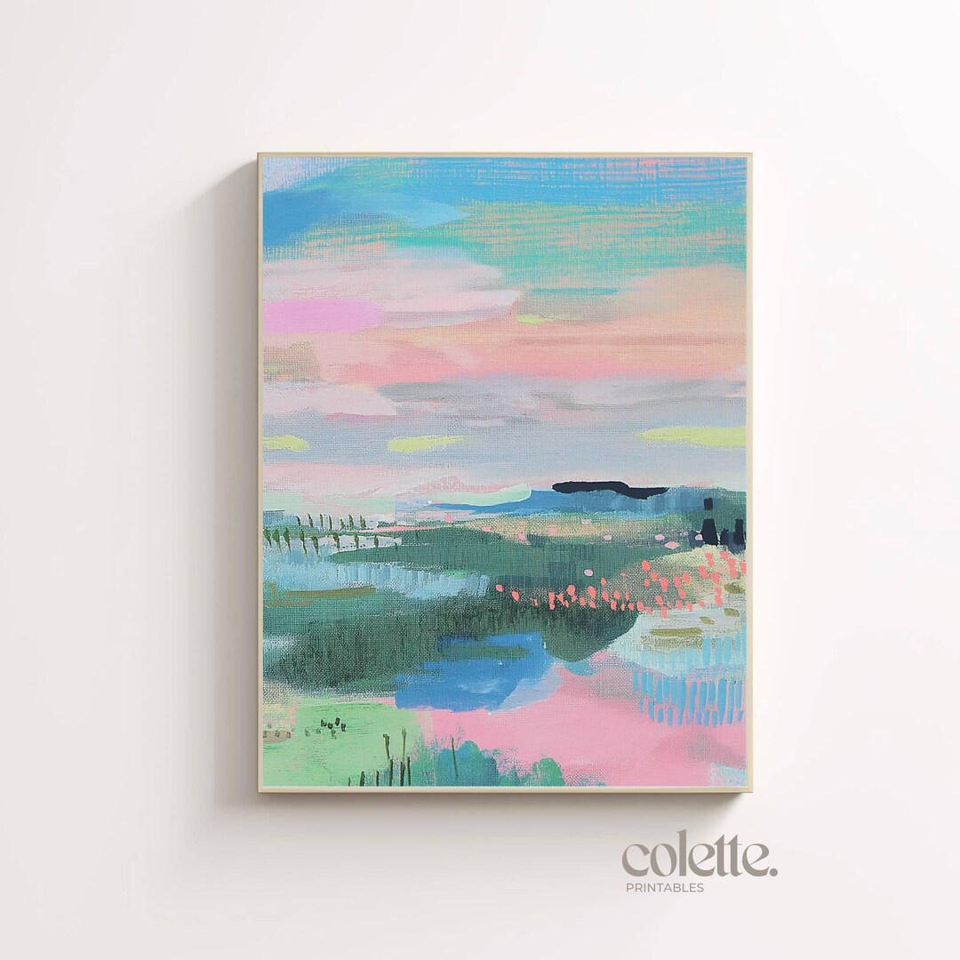 Meadow Sunset Painting Spring Landscape Printable Wall Art Pink Field ...