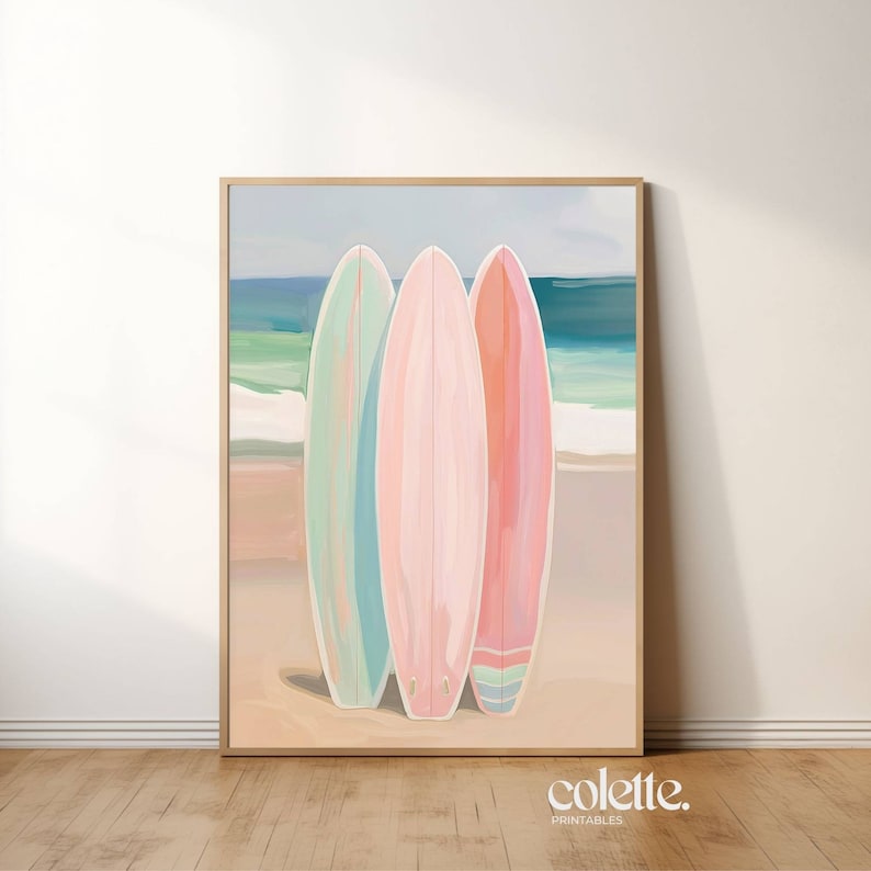 Surfboards on Beach Painting Printable Longboard Surf Beach Poster Coastal Beach House Wall Art ...