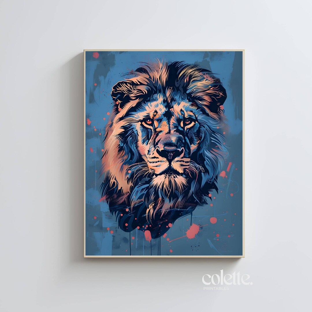 Lion Drawing Pop Art Printable Wild Cat Wall Art Blue Lion Poster Wild ...