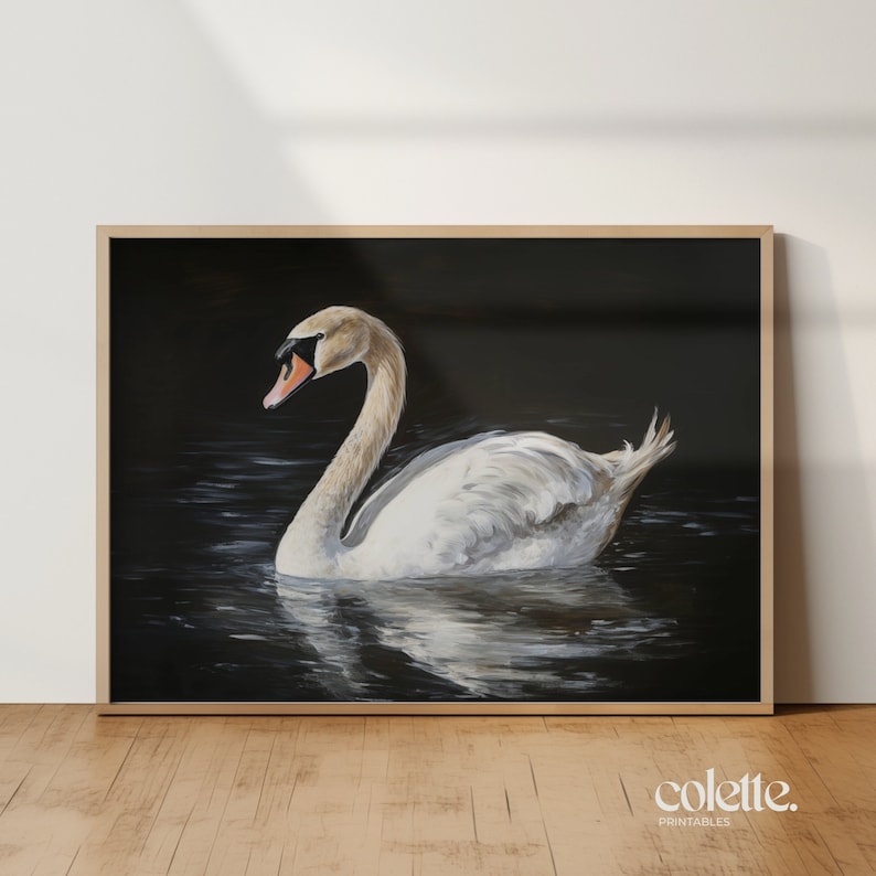 Swan at Night Vintage Oil Painting, Printable Wall Art,digital Download ...