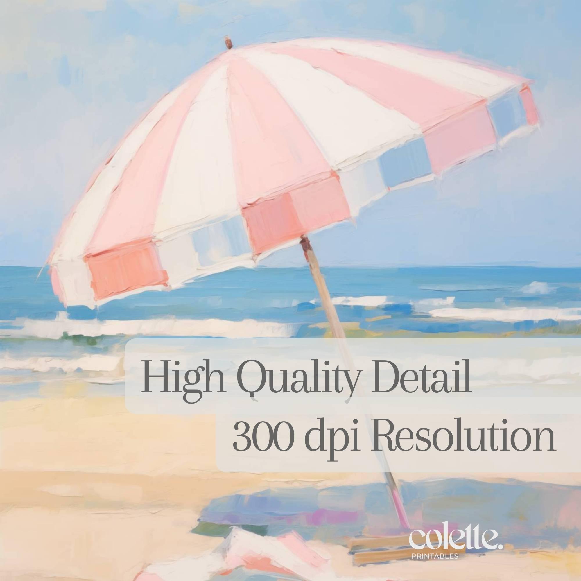 Beach With Umbrella Painting Printable Coastal Beach Poster Pink ...