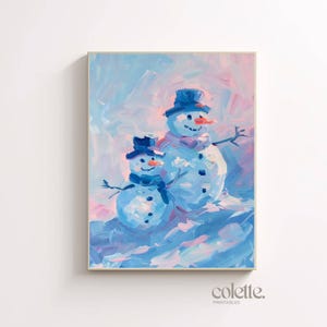Snowmen Painting Wintertime Printable Christmas Wall Art Pastel Pink ...