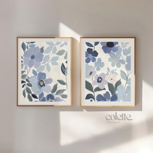Blue Floral Posters Set of 2 Abstract Flower Wall Art Floral Paintings ...