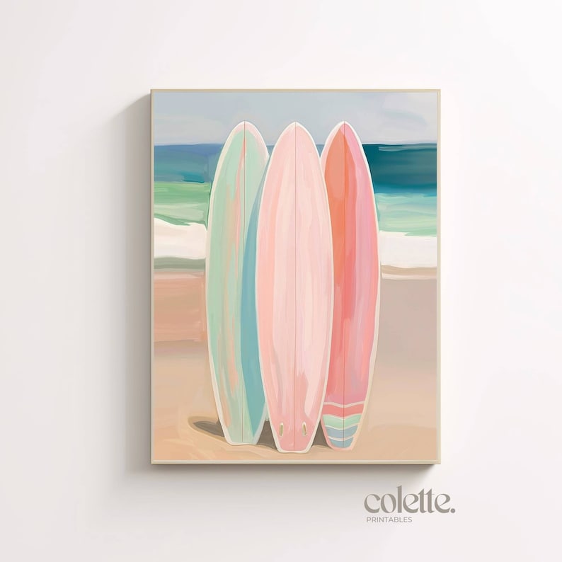 Surfboards on Beach Painting Printable Longboard Surf Beach Poster Coastal Beach House Wall Art ...