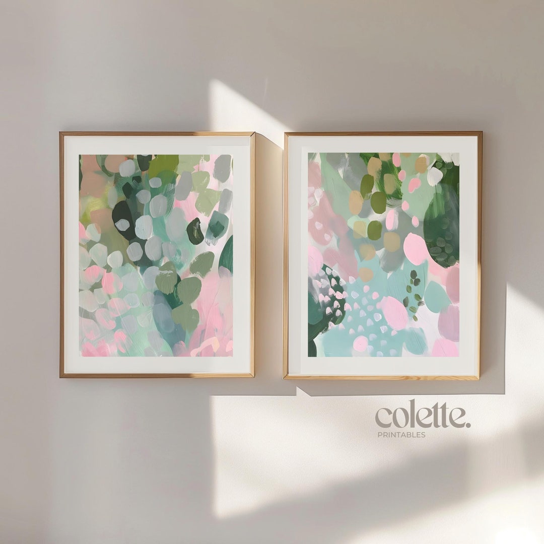 Flower Painting Set of Two Abstract Pink and Emerald Green Floral Wall ...