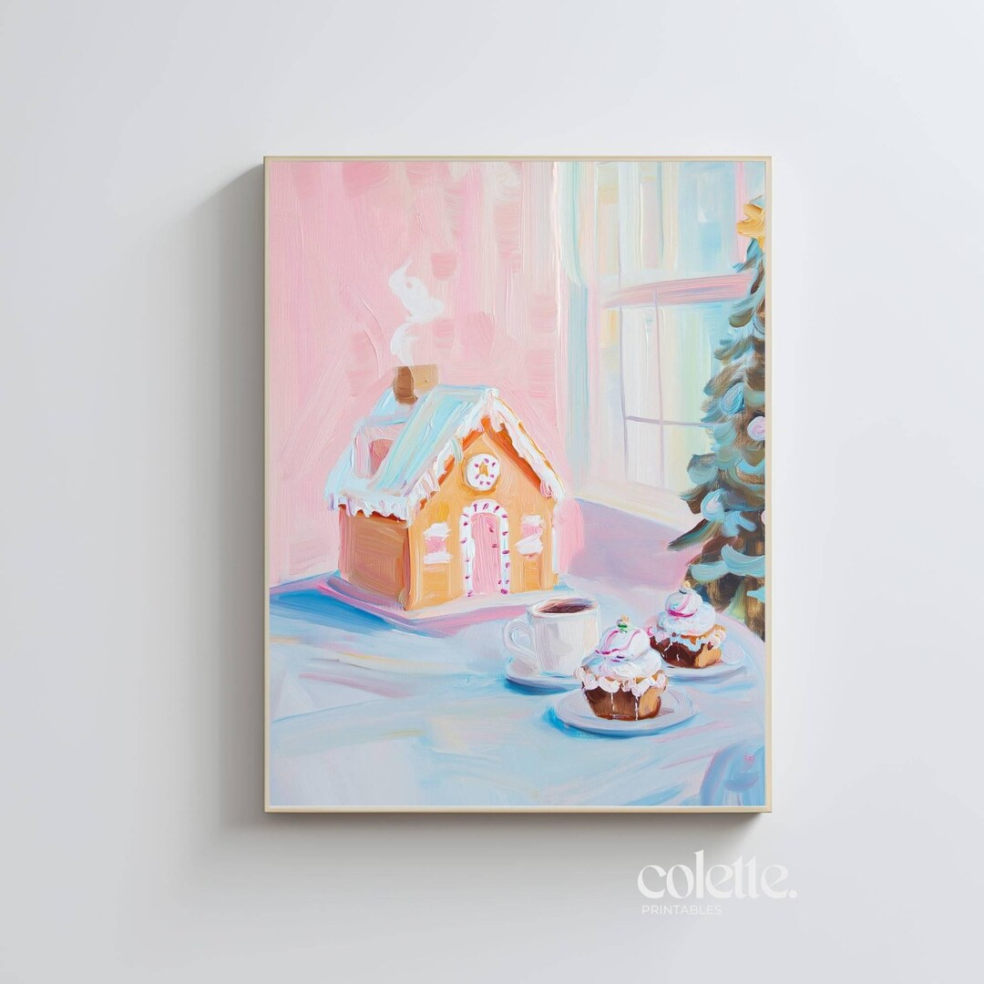 Pink Gingerbread House Painting Printable Christmas Wall Art Pink ...