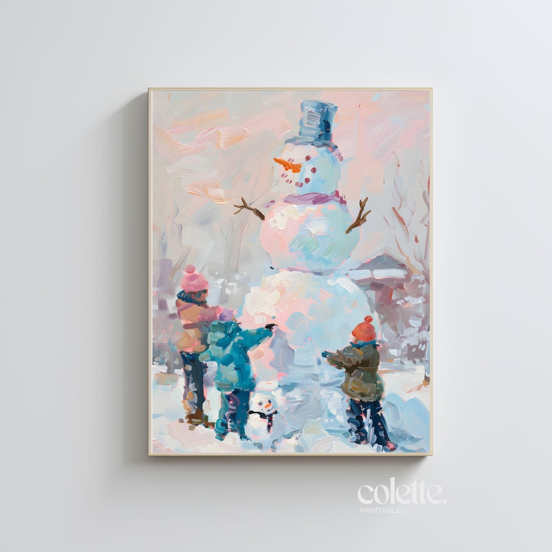 Kids Building Snowman Painting Wintertime Printable Christmas Wall Art ...