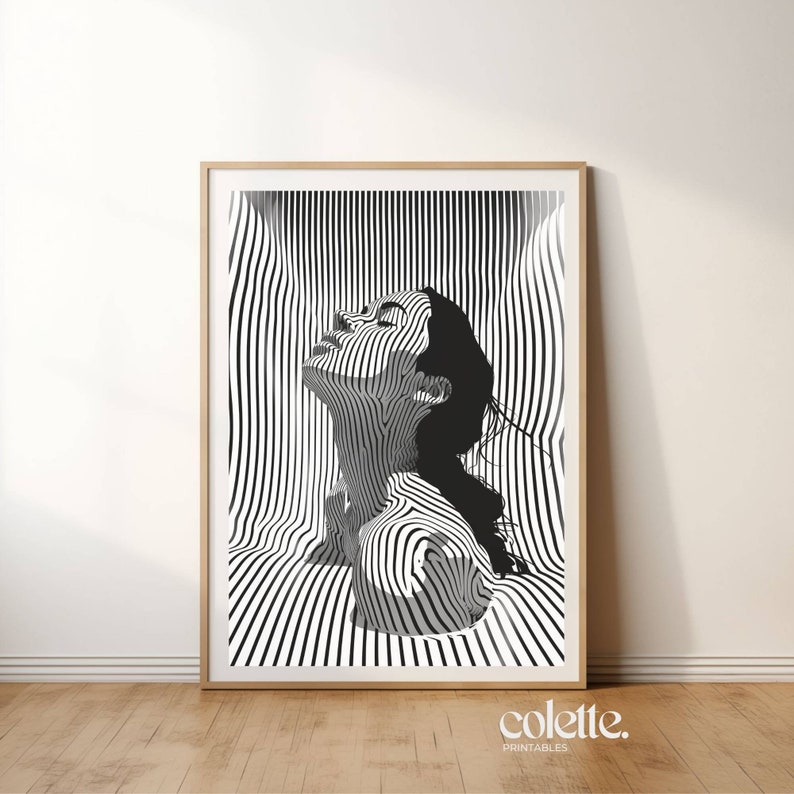Woman Optical Illusion Poster Printable 3D Line Wall Art Black and ...