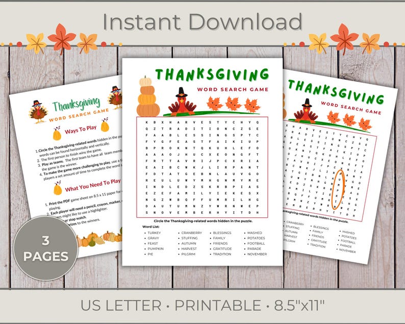 Thanksgiving Word Search Game: Fun Family Activity (printable); for ...