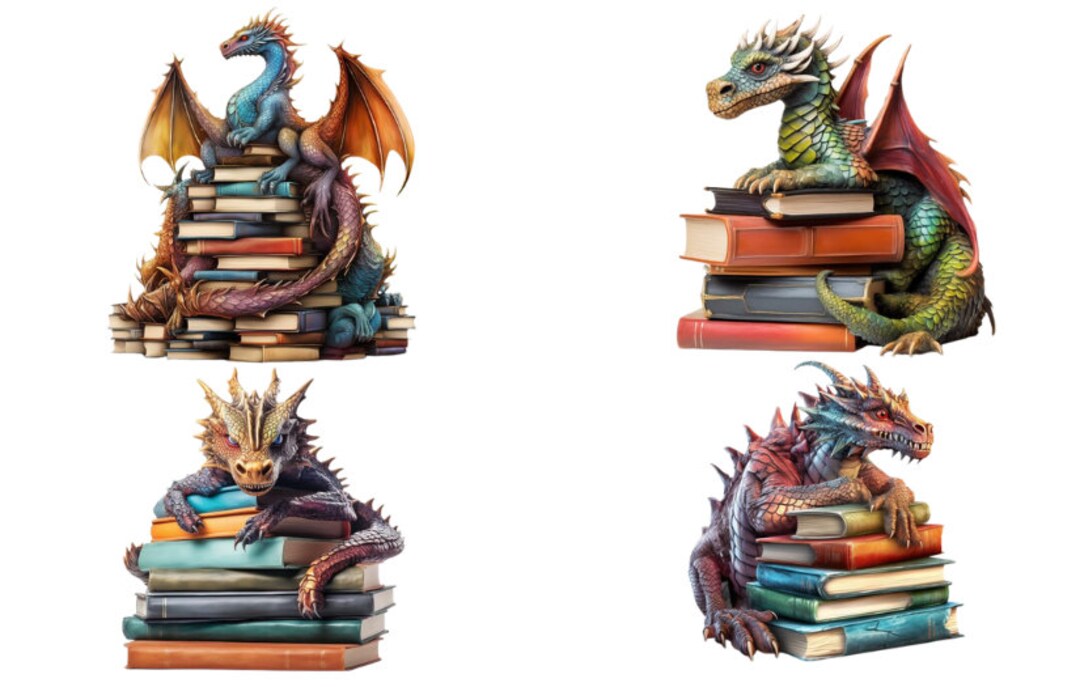 Book Dragon Sticker Sheets, Dragon on Stack of Books, AI Generated ...