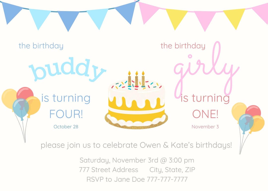 Sibling Birthday Invitation, Brother/sister Birthday, Combo Birthday ...