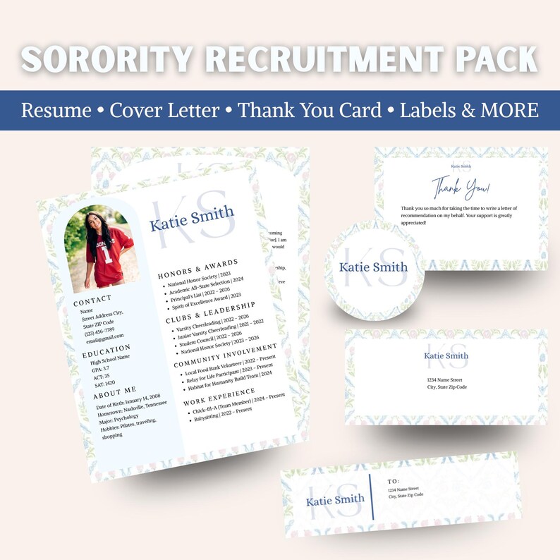 Sorority Recruitment Pack, Resume, Cover Letter, Labels (canva Template ...