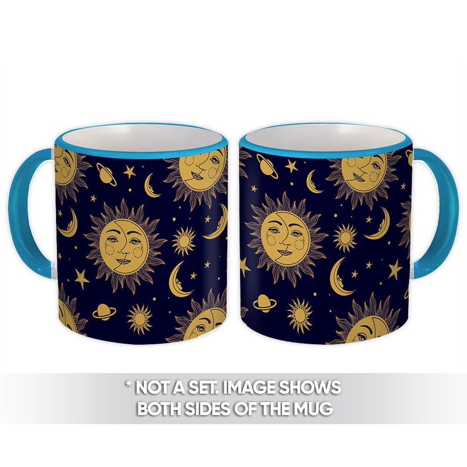 Sun & Moon Mug Gift Patterned Esoteric Yoga Stars Blue Hippiewhite and ...