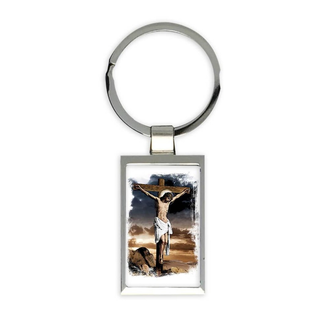 Jesus on Cross Painting Gift Rectangular Keychain Crucifixion Catholic ...