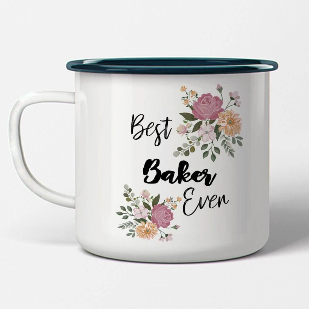 Best BAKER Ever Black Rim Enamel Mug Gift Flowers Floral Boho Vintage ...
