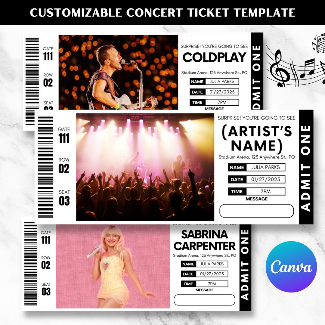 Editable Concert Ticket Template, DIY Concert Ticket Gift, DIY Ticket ...