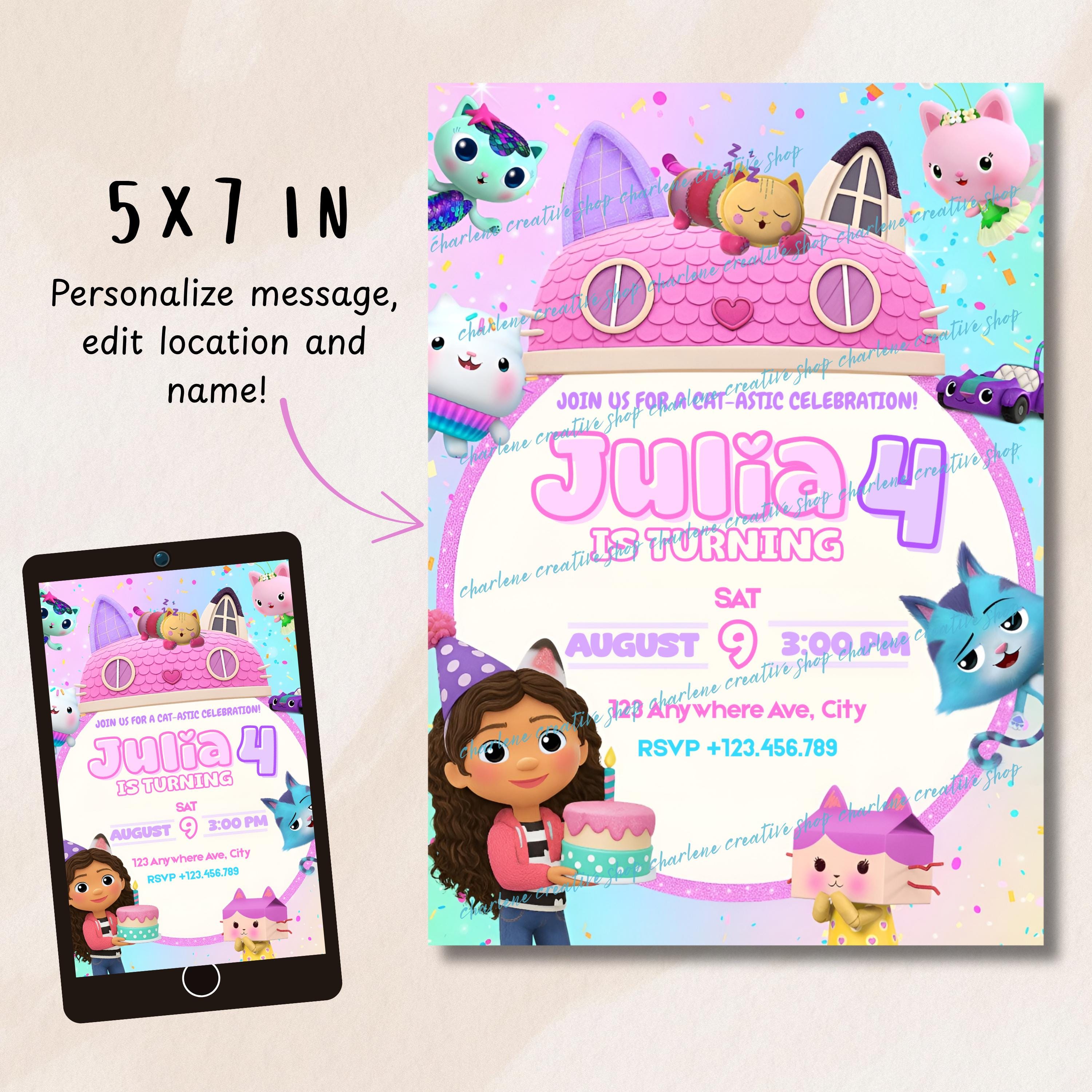 Editable Gabbys Dollhouse Birthday Invitation, Digital Gabby Dollhouse ...