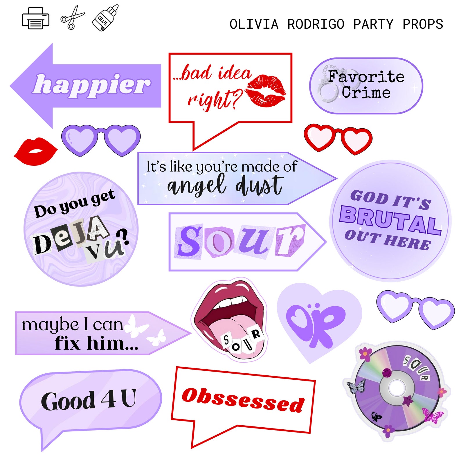 Olivia Rodrigo Party Props, Printable Sour, Guts Tour Party, Birthday ...