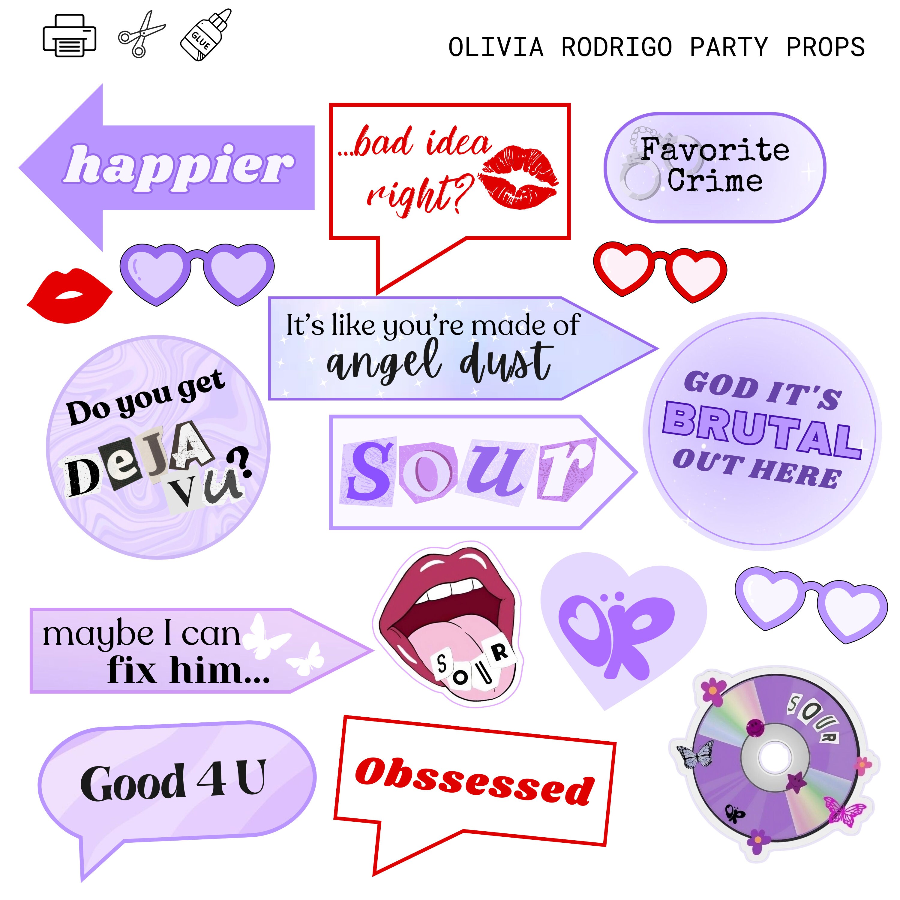 Olivia Rodrigo Party Props, Printable Sour, Guts Tour Party, Birthday ...