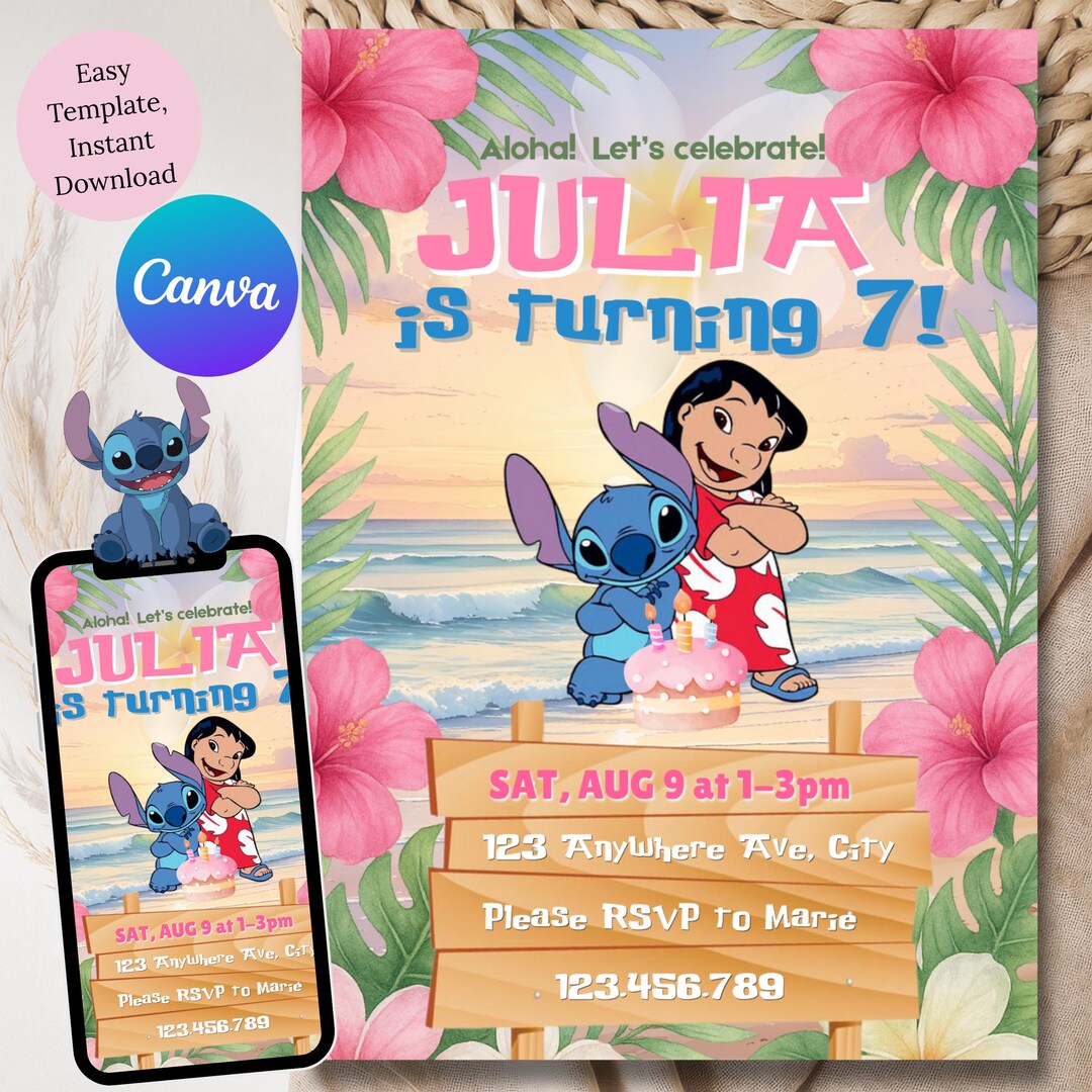 Lilo and Stitch Birthday Invitation Template, Editable Lilo and Stitch ...