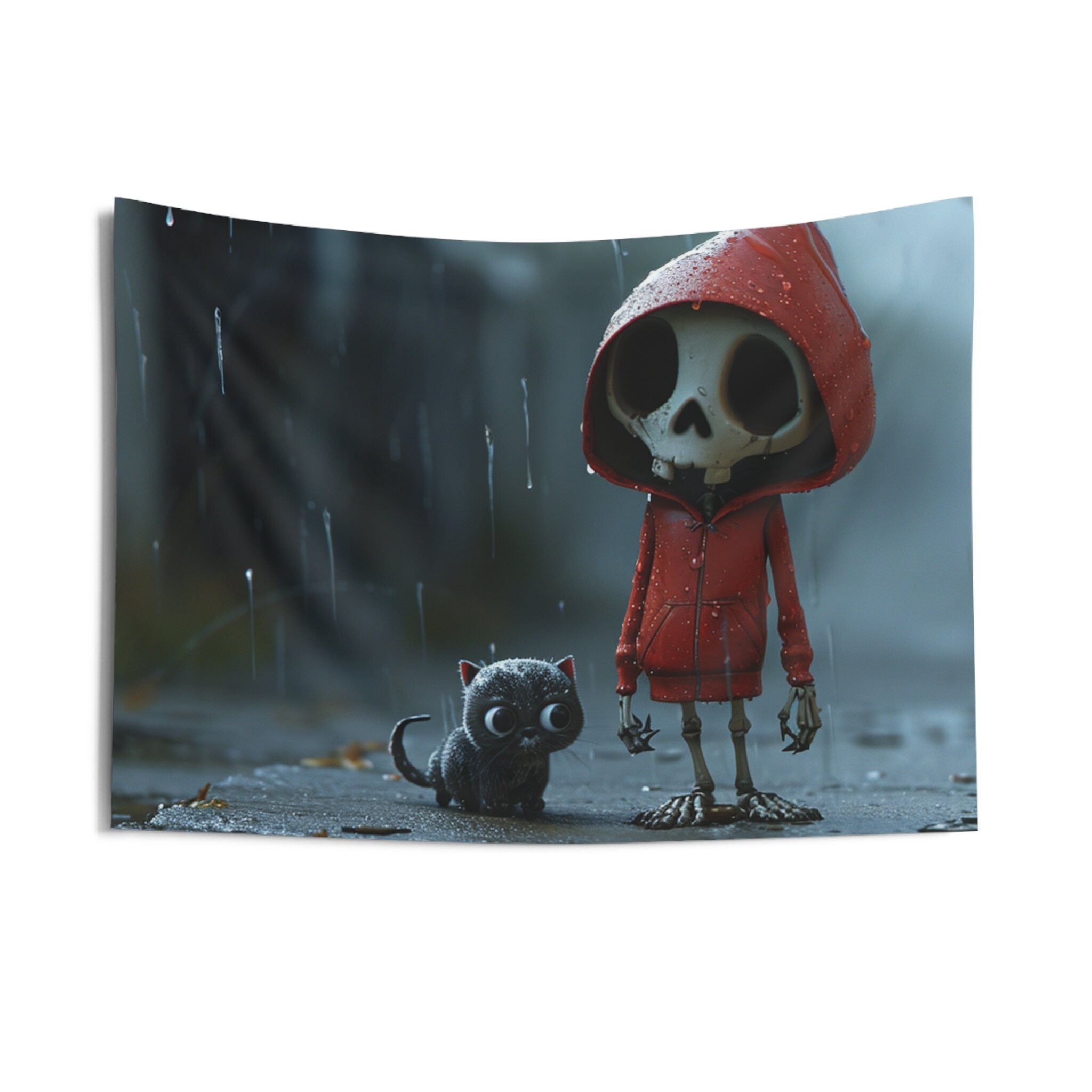 Emo Tapestry | Skeleton and Cat | Rainy Vibes | Dark Room Decor | Alt ...