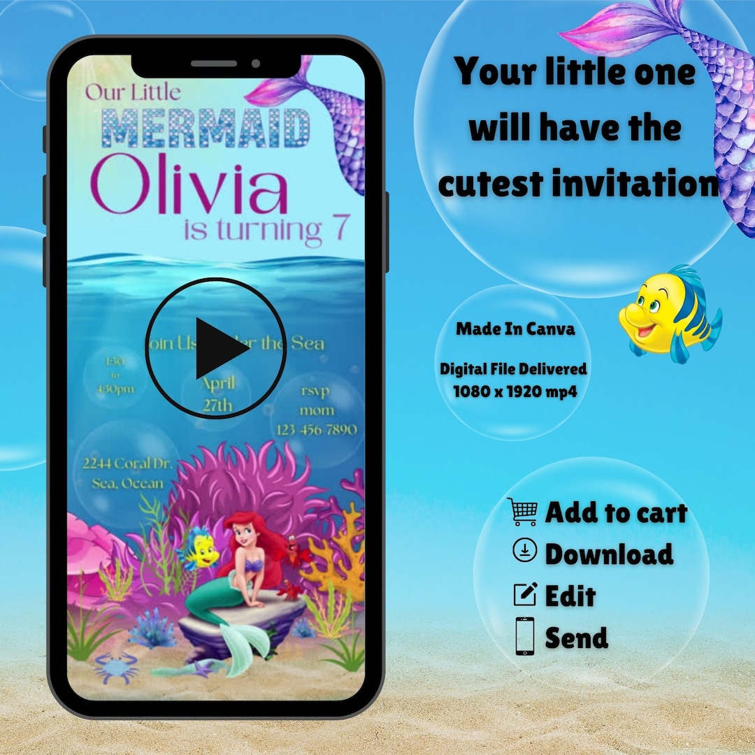 Animated Little Mermaid Invitation, Ariel Birthday Invitation, Little ...
