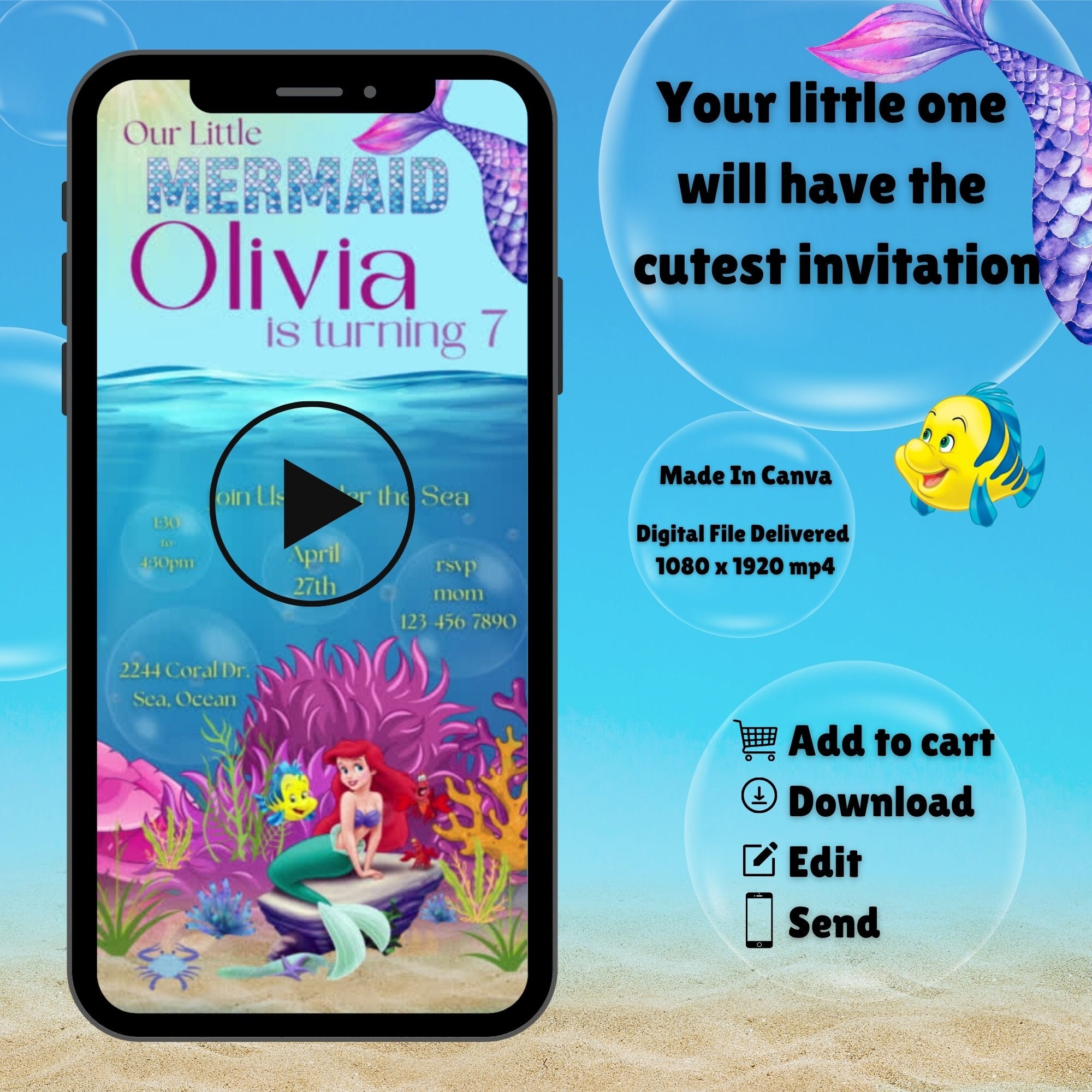 Animated Little Mermaid Invitation, Ariel Birthday Invitation, Little ...