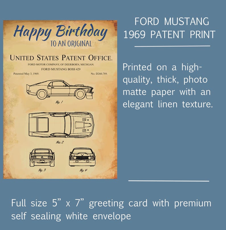 Mustang Birthday Card, This Mustang Patent Art Card is Perfect for Dad ...