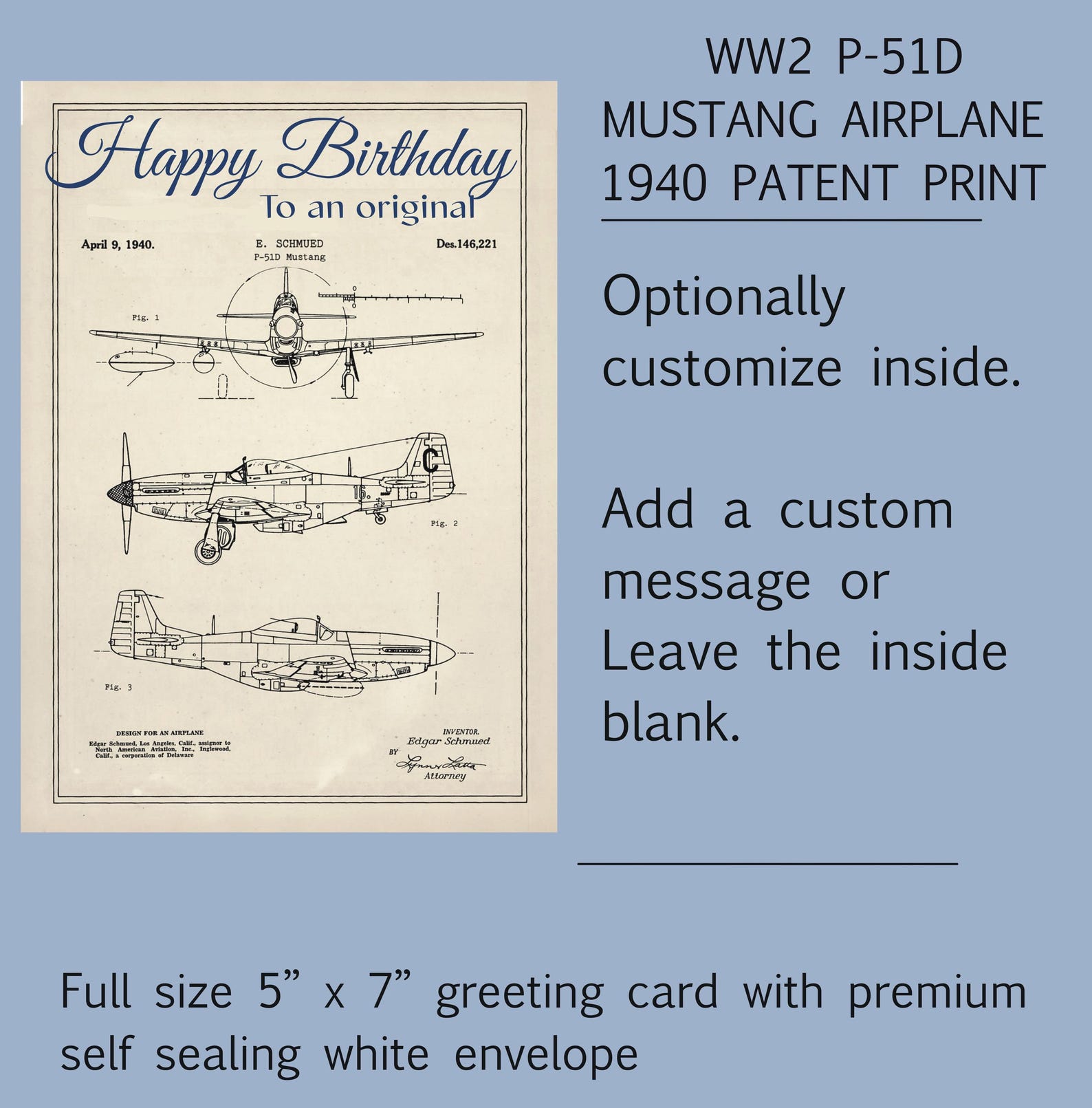Airplane Birthday Card, Patent Print of WW2 P-51 Mustang Airplane a ...