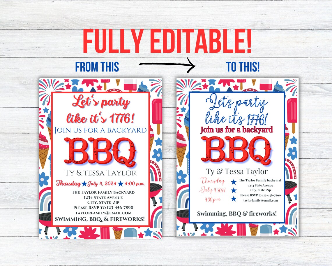 Editable 4th of July BBQ Invitation – Patriotic Canva Template – Red ...