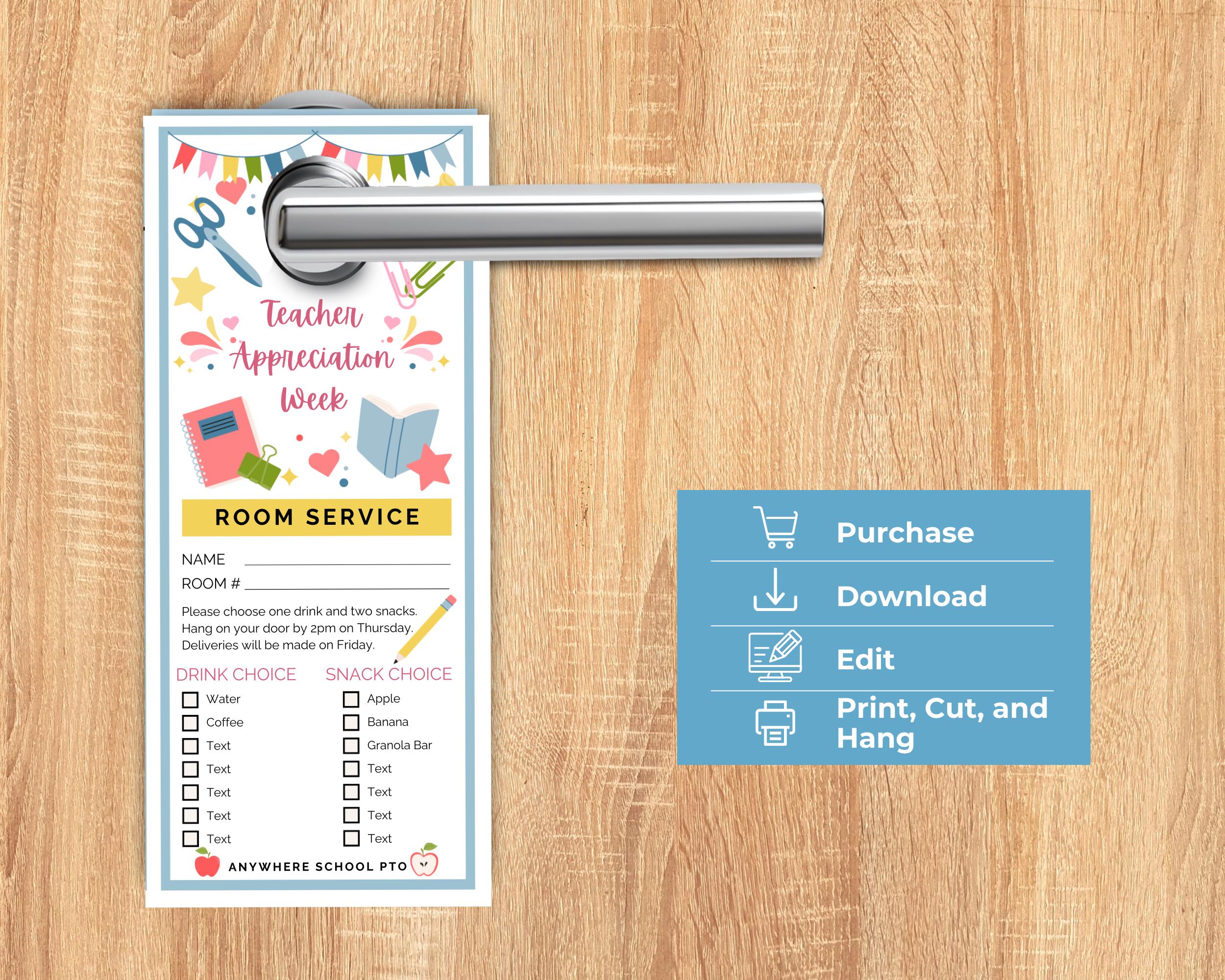 Teacher Appreciation Room Service Door Hanger, Printable Editable ...