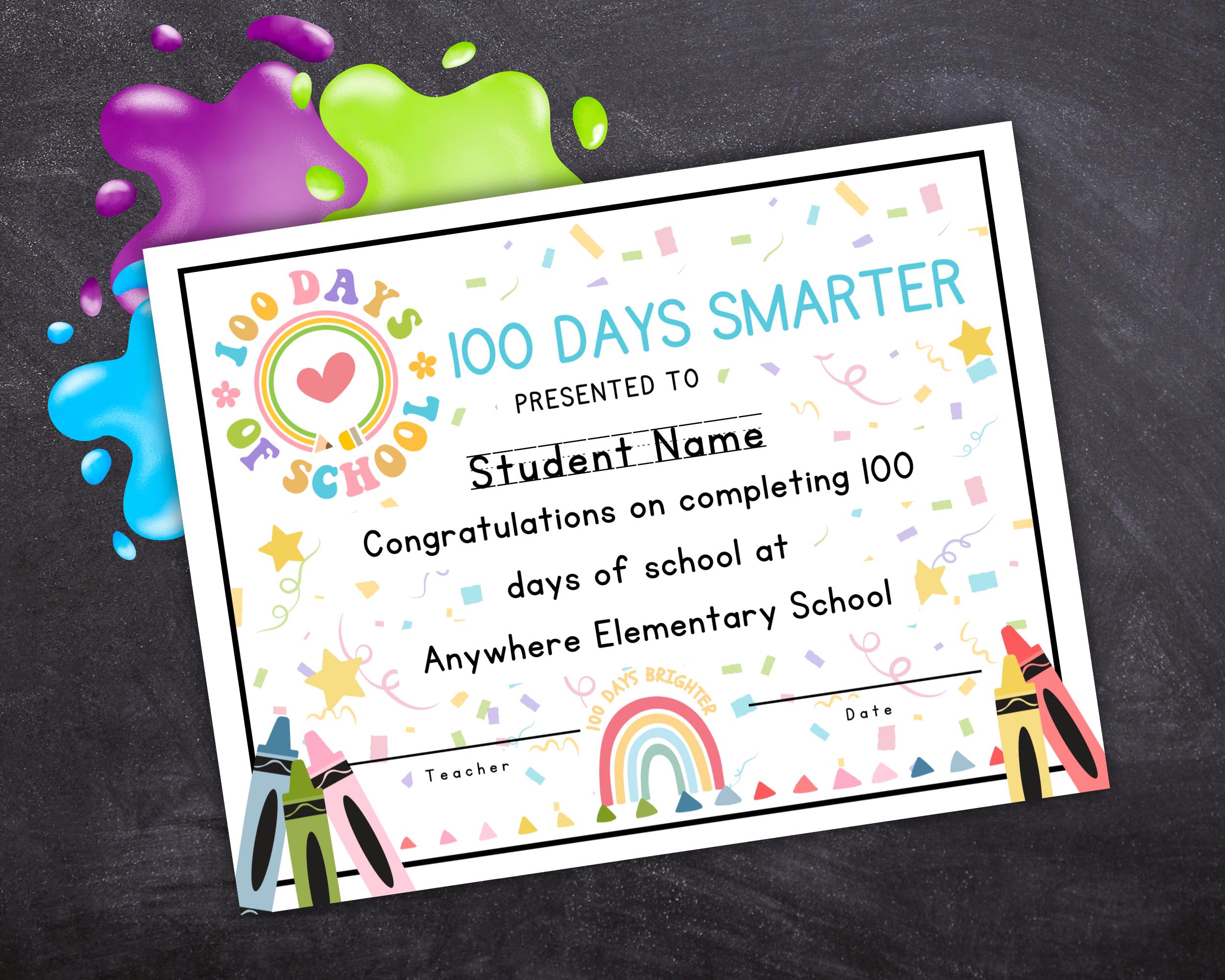 100th Day of School Certificate Template, 100 Day Printable Certificate ...