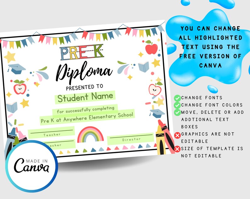 Pre K Diploma Template, PRINTABLE Preschool Certificate, Canva Template ...