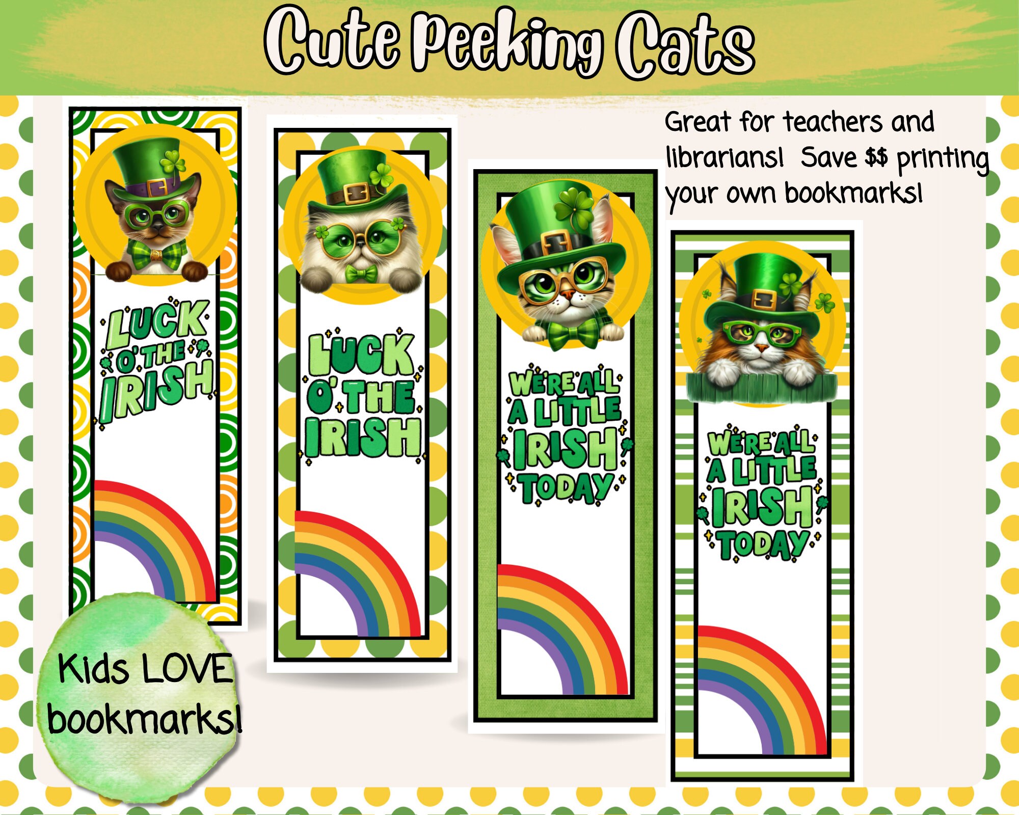 St. Patrick's Day Cat Bookmarks PRINTABLES, Gift for Readers, Funny Cat ...