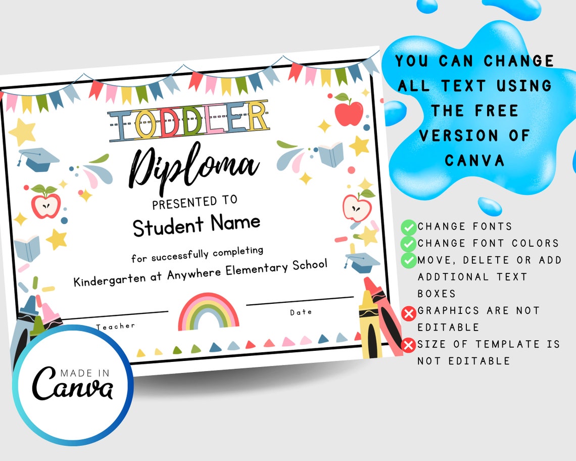 Infant & Toddler Diploma Template, PRINTABLE School Certificate, Canva ...
