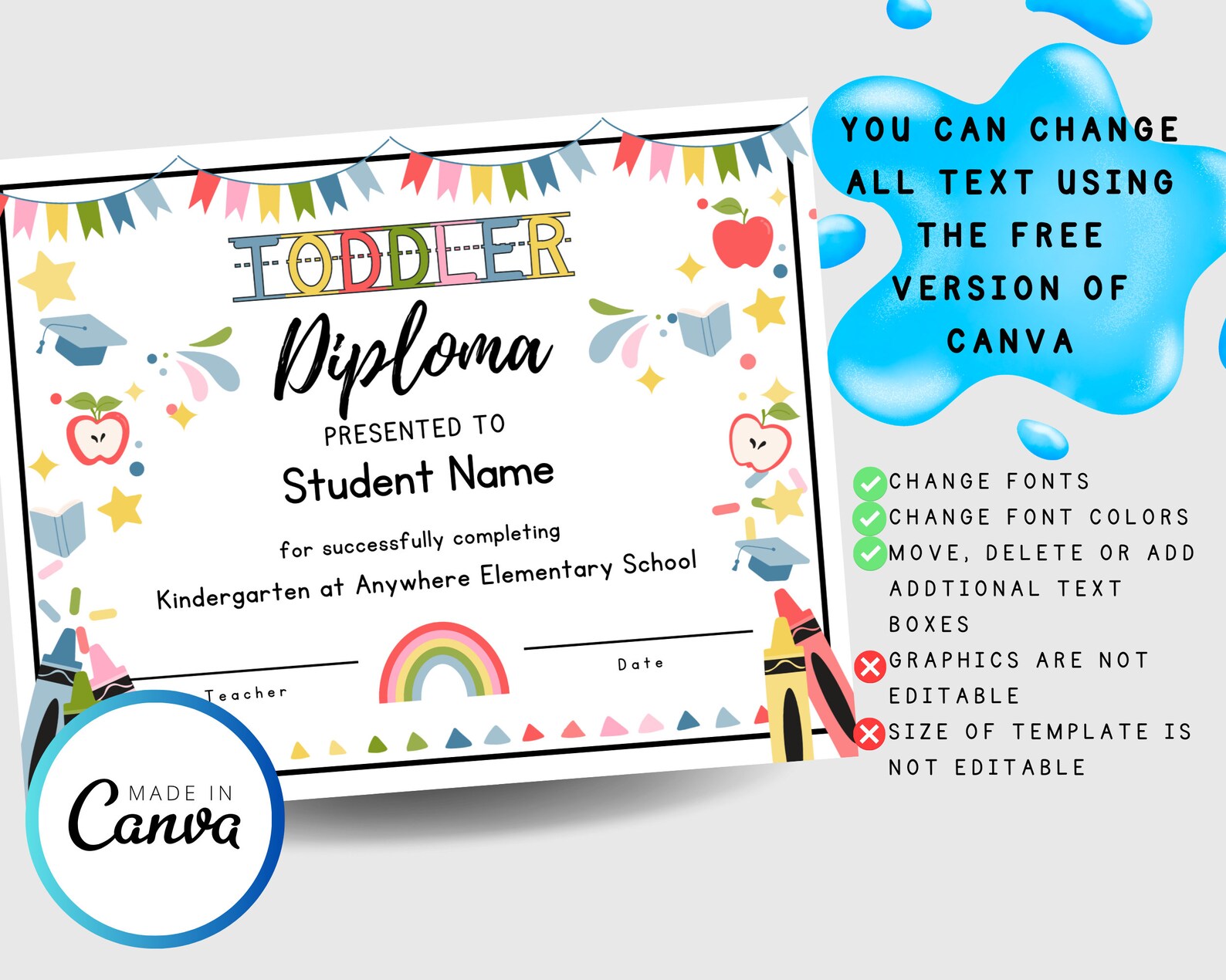 Infant & Toddler Diploma Template, PRINTABLE School Certificate, Canva ...