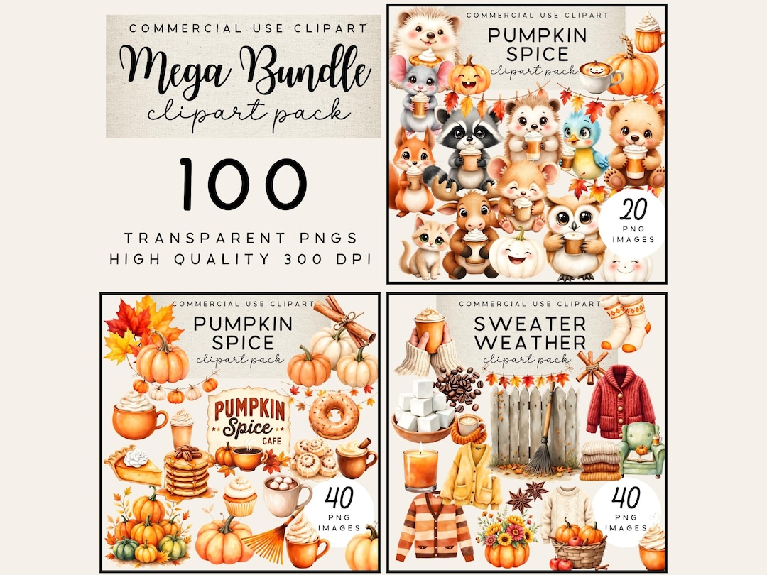 Autumn Clipart Mega Bundle | 100 Cozy Fall PNG Images | Pumpkins ...