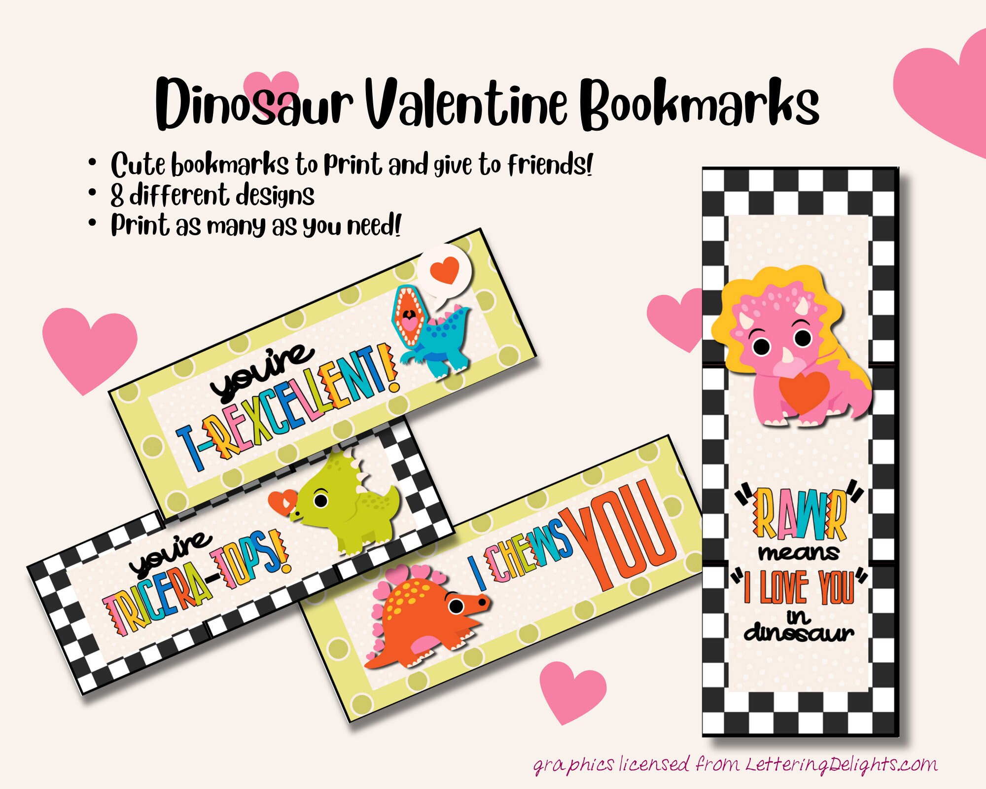 Dinosaur Valentine PRINTABLE BUNDLE, Bright Dinosaur Treat Bag Toppers ...