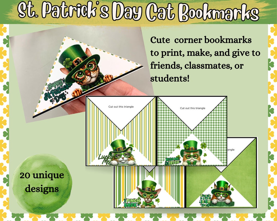 St. Patrick's Day Printable Corner Bookmarks, Cute Peeking Cat ...