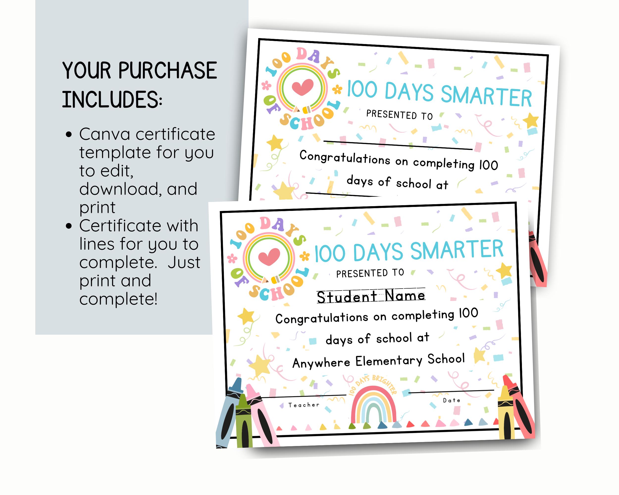 100th Day of School Certificate Template, 100 Day Printable Certificate ...