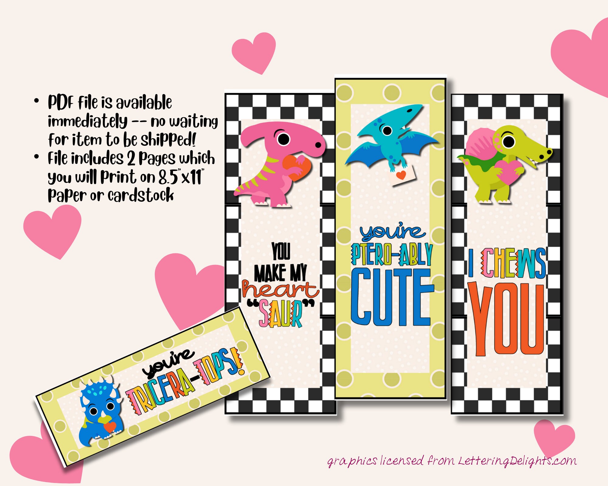 Dinosaur Valentine PRINTABLE BUNDLE, Bright Dinosaur Treat Bag Toppers ...