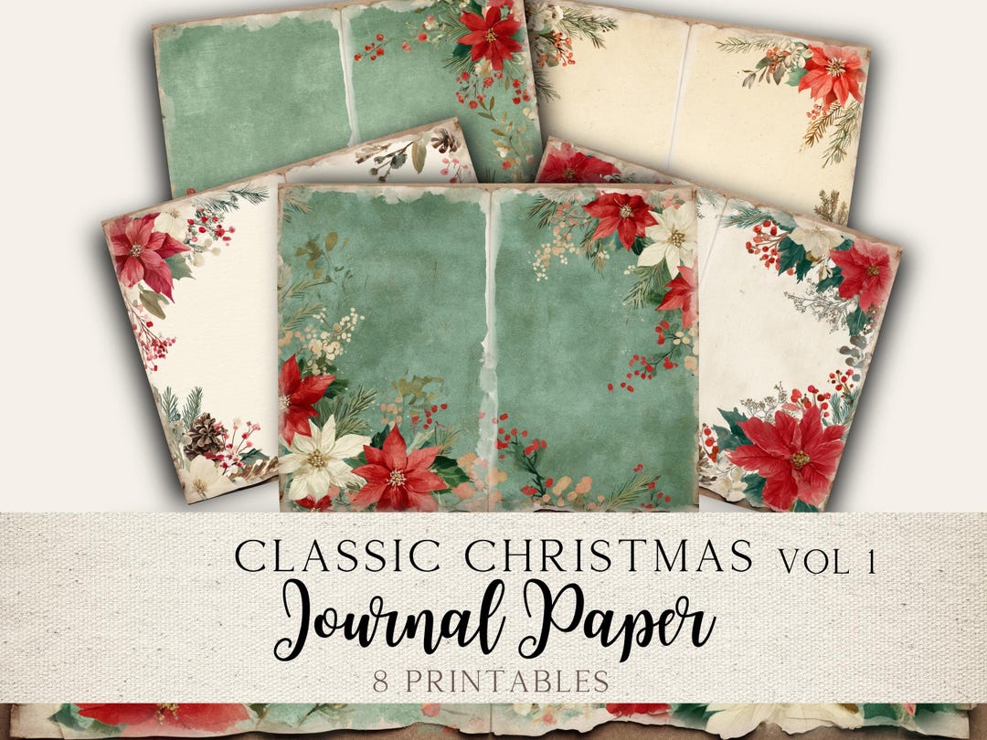 Classic Christmas Junk Journal Pages Vol. 1 | 8 Vintage Poinsettia ...