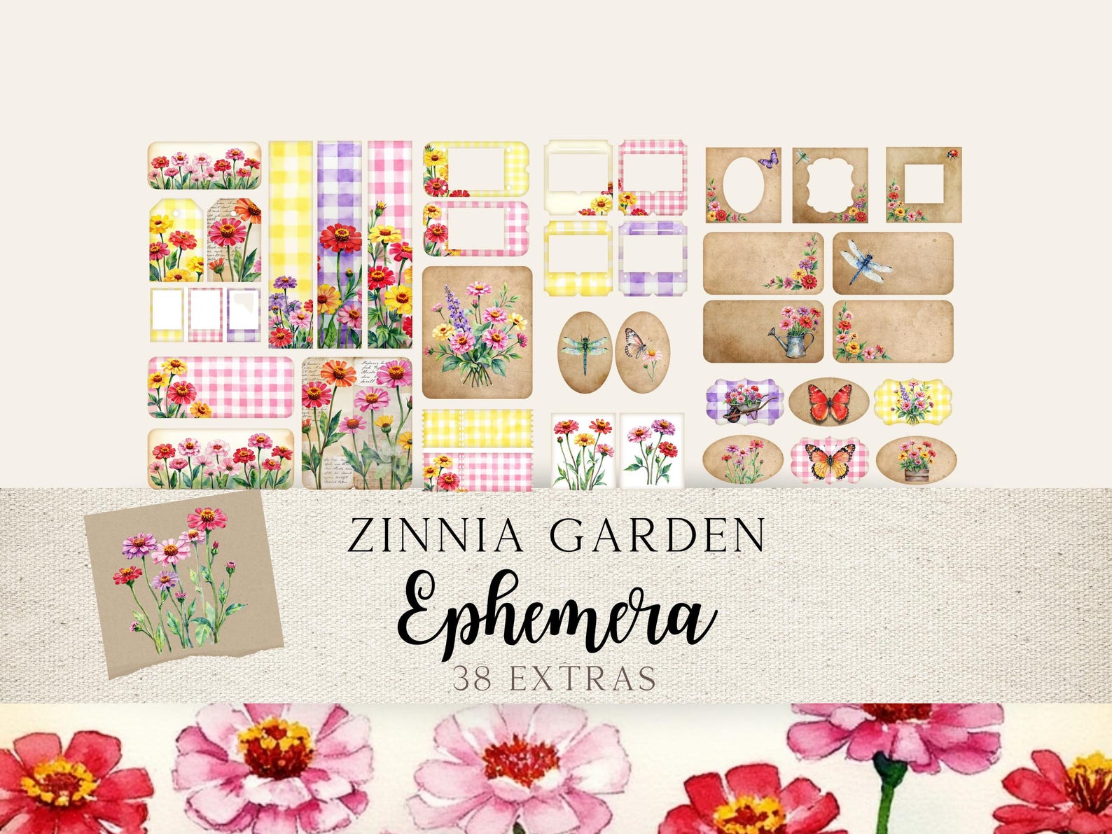 Zinnia Gingham Ephemera | 38 Printable Garden Junk Journal Images ...