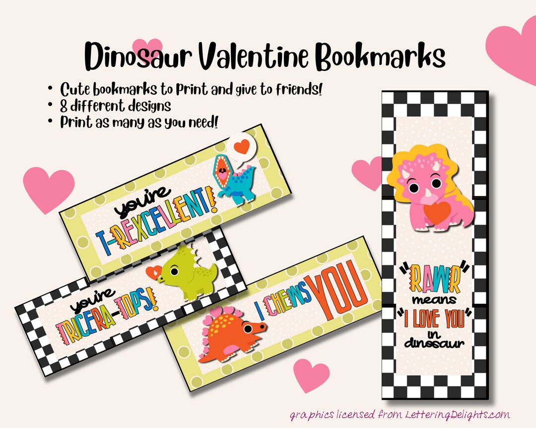 Dinosaur Valentine PRINTABLE Bookmarks, School Valentine Exchange ...