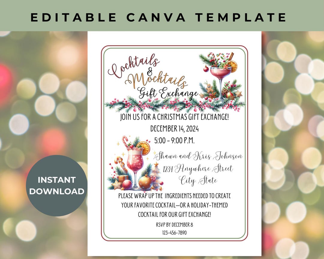 Editable Christmas Cocktail Party Invite | Gift Exchange & Mixer ...