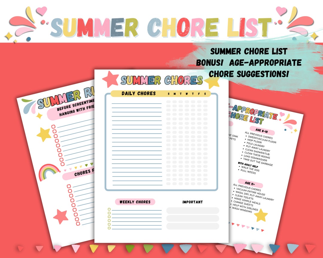 Summer Chore List Printable Keep Kids Busy Instant Download, Age ...