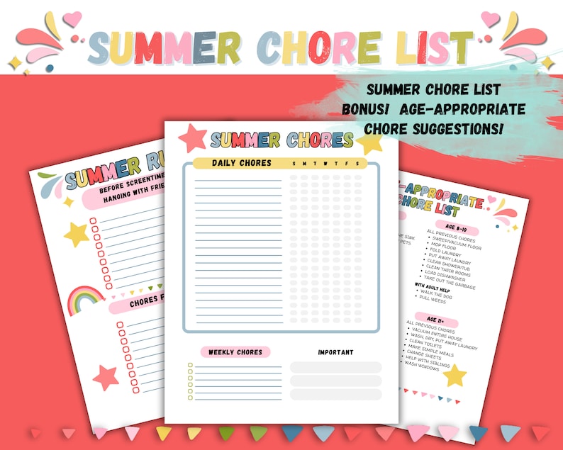 Summer Chore List Printable Keep Kids Busy Instant Download, Age ...