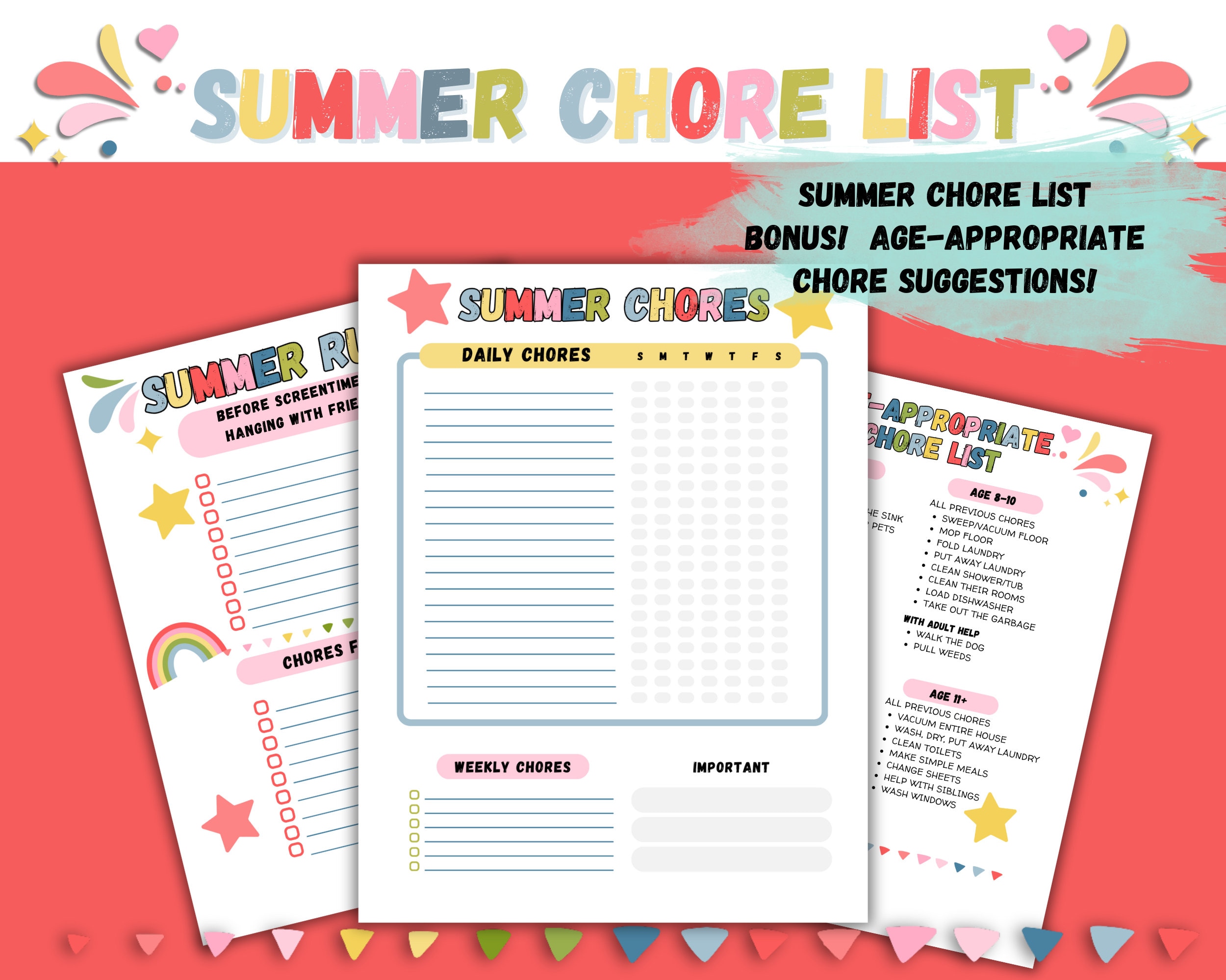 Summer Chore List Printable Keep Kids Busy Instant Download, Age ...