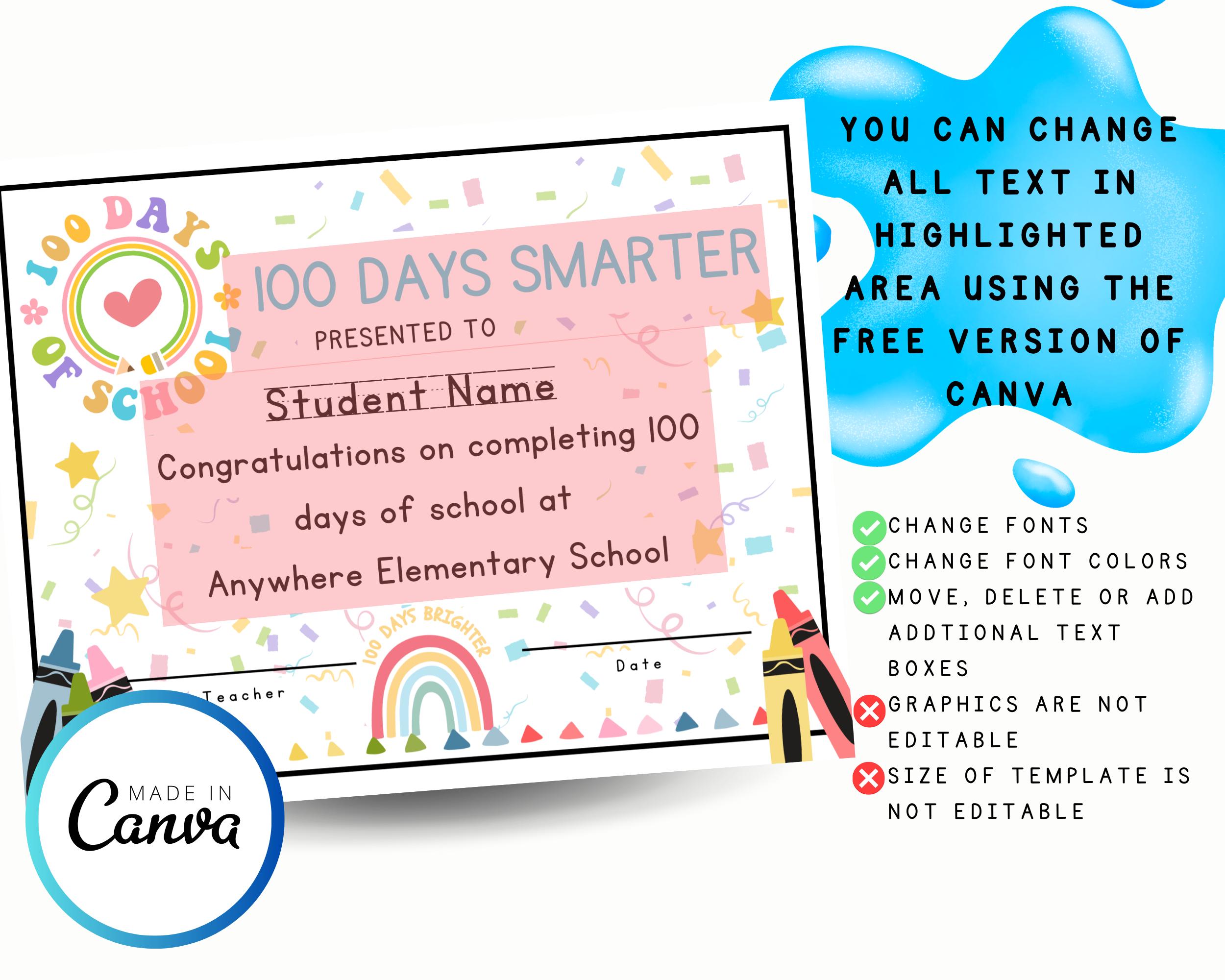 100th Day of School Certificate Template, 100 Day Printable Certificate ...